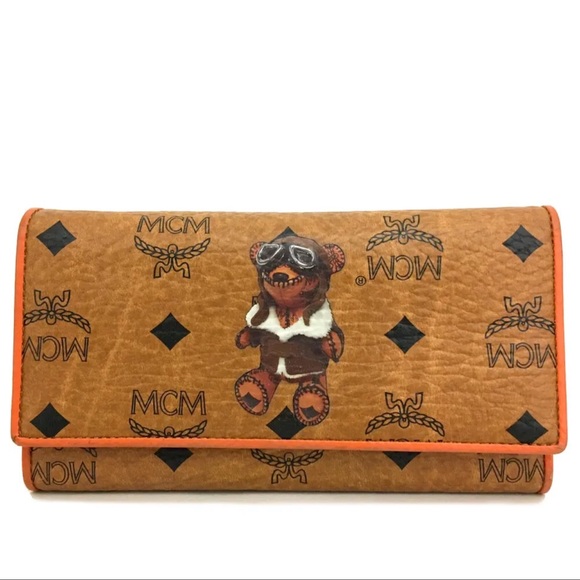 MCM | Bags | Mcm Logo Teddy Bear Print Leather Trifold Long Wallet ...